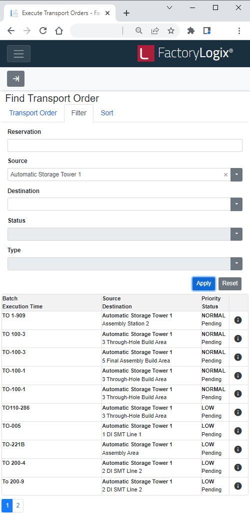Filter and sort transport orders