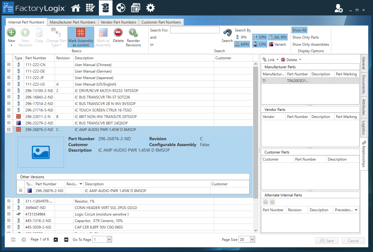 Link part numbers to create relationships