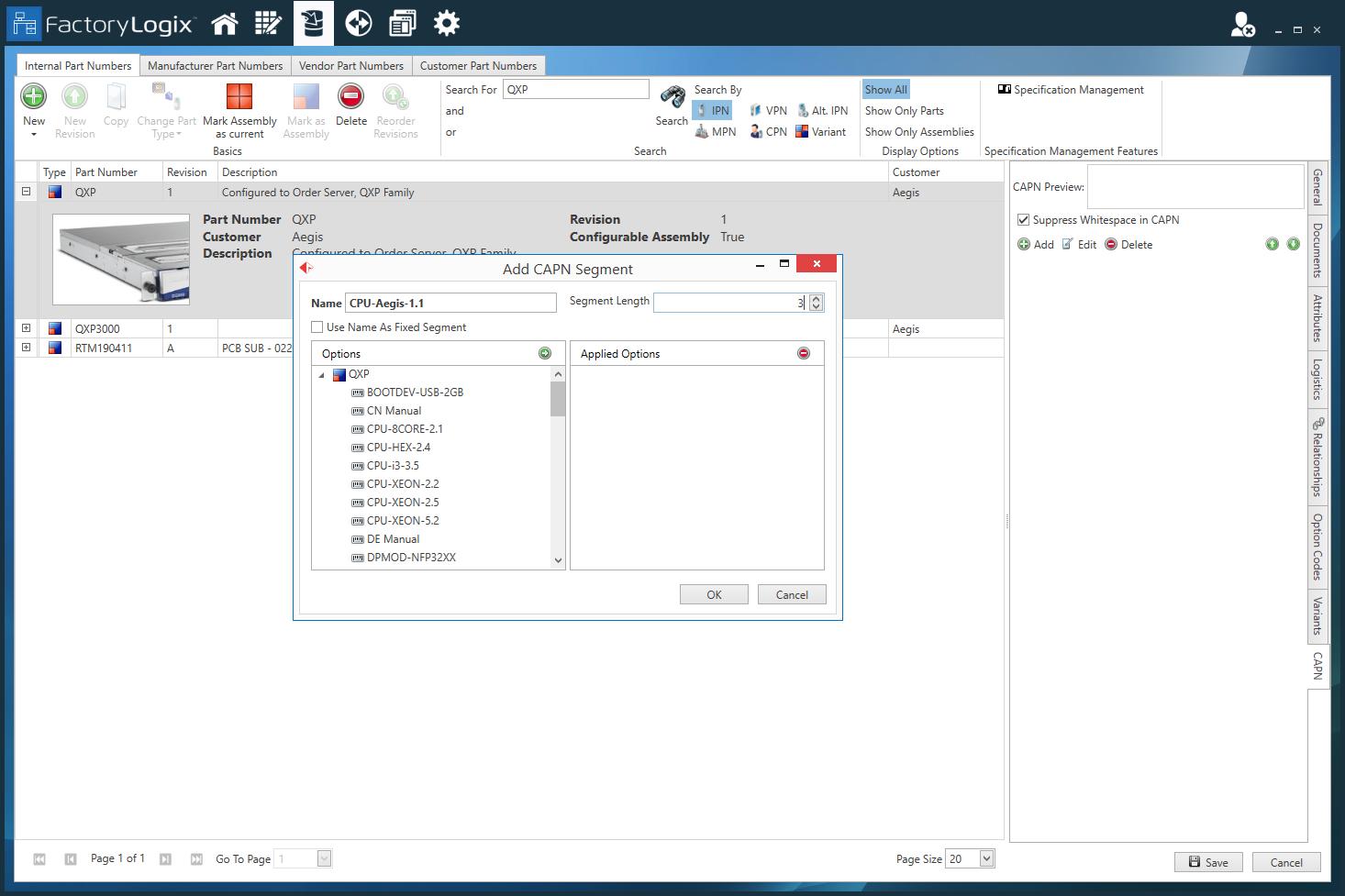 Configured assembly part number