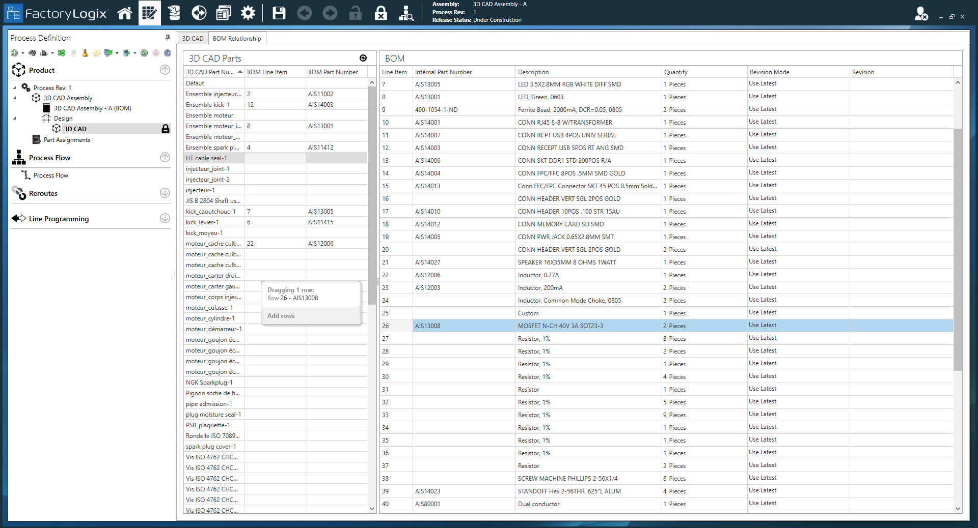 Map 3D CAD parts to BOM line items and part numbers