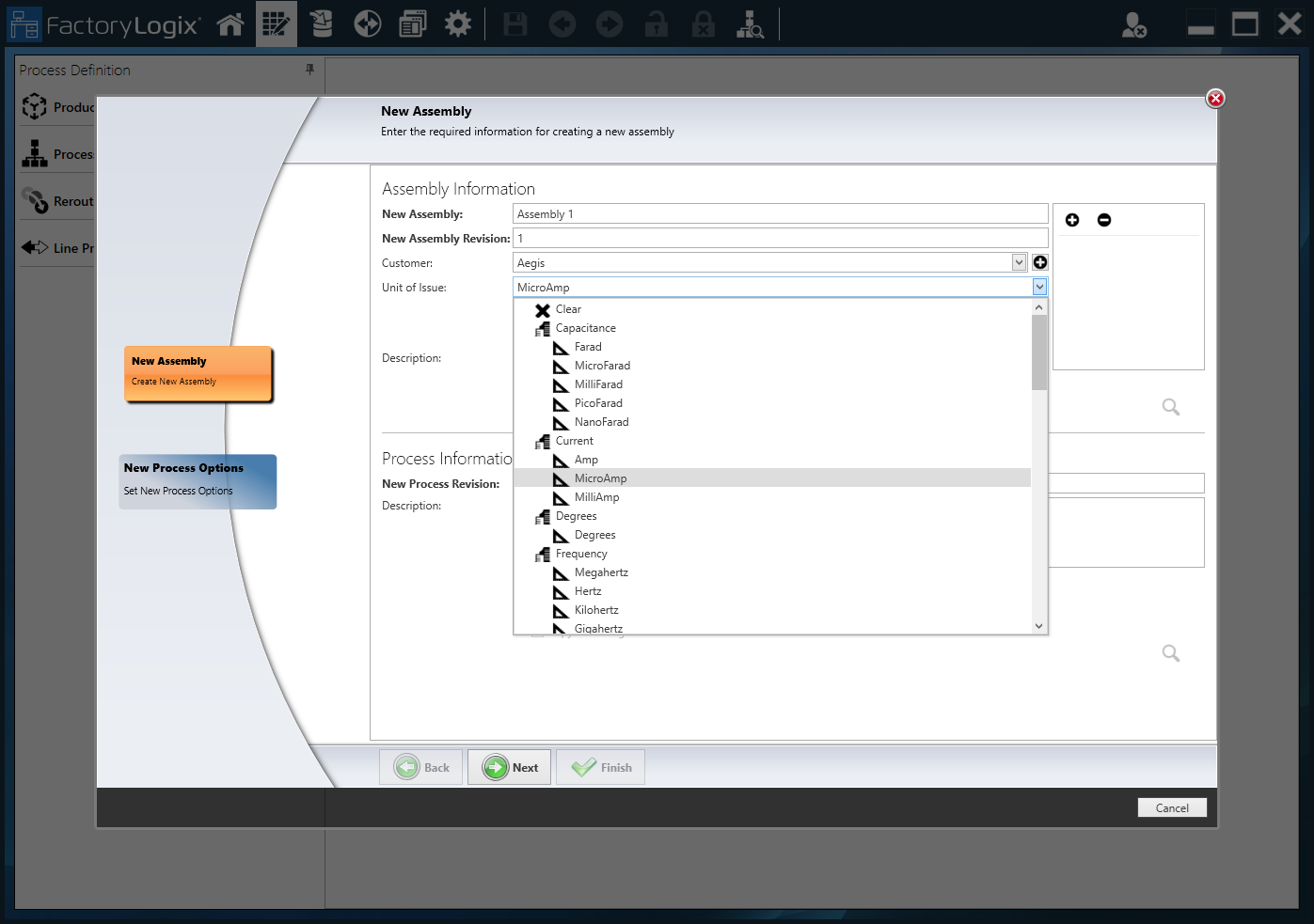Select a unit of issue for a new assembly