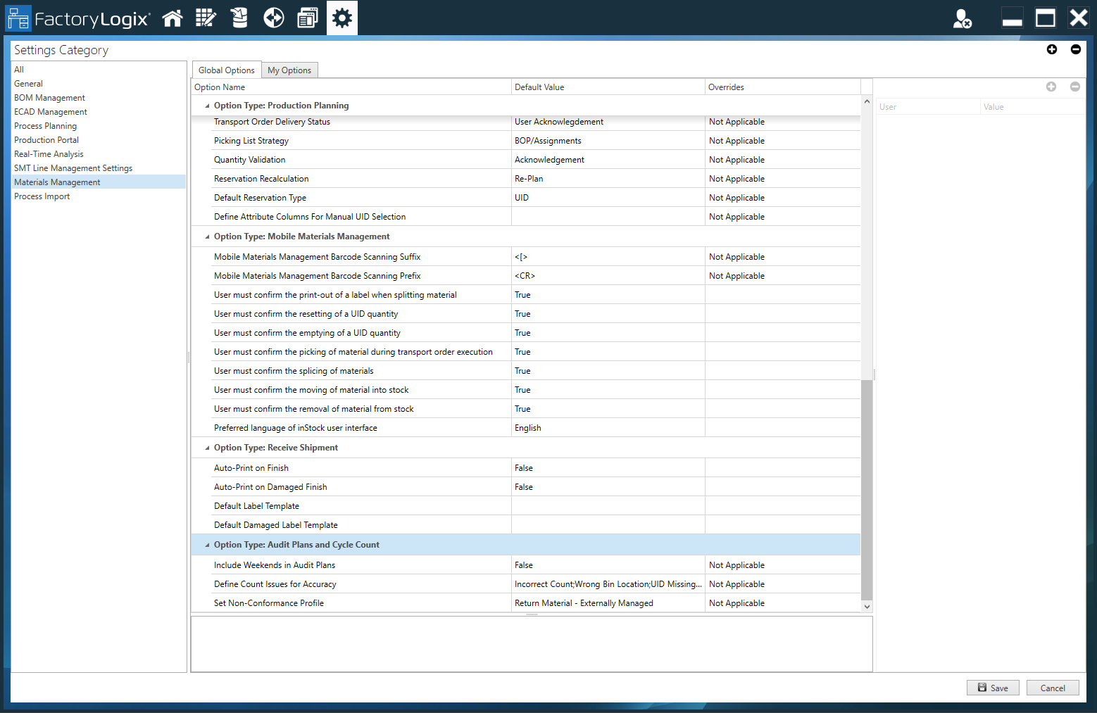 Global options for inventory auditing